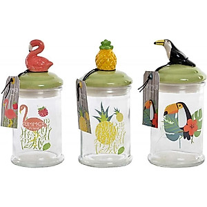 Glass Canister Jars with Tropical Ceramic Tops - Set of 3 Assorted Styles, 7.28"