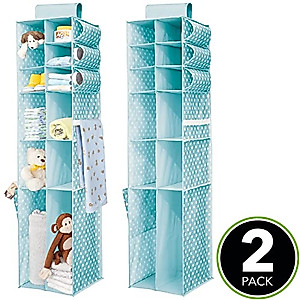 mDesign Long Soft Fabric Over Closet Rod Hanging Storage Organizer with 12 Divided Shelves, Side Pockets for Child/Kids Room or Nursery, Store Diapers, Wipes, Lotions, Toys - 2 Pack - Light Blue/White