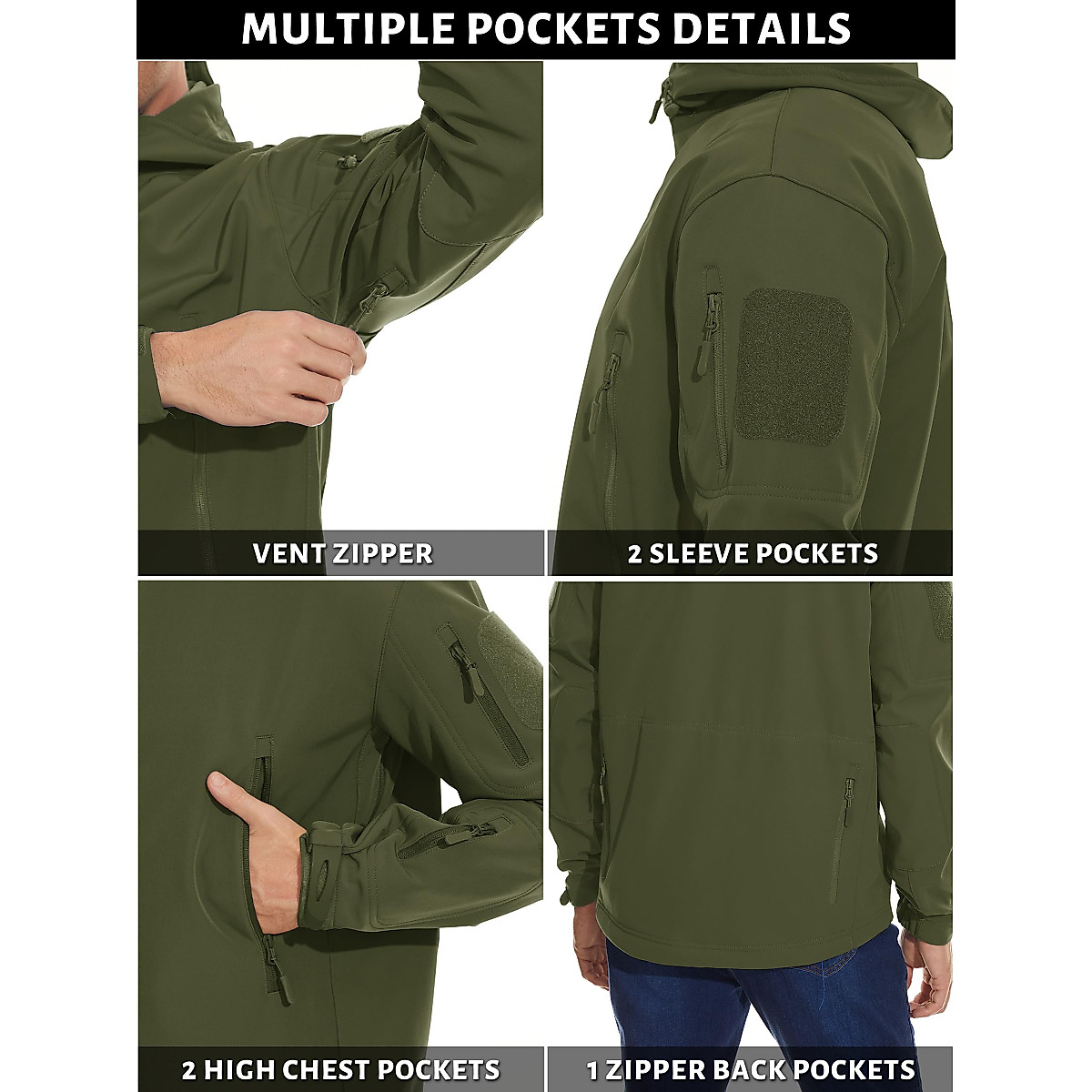 TACVASEN Men Winter Waterproof Snowboard Softshell Parka Jacket Tactical Hoodie Rain Jackets Fleece Lined Mutil-pockets Ski Coats Army Green M