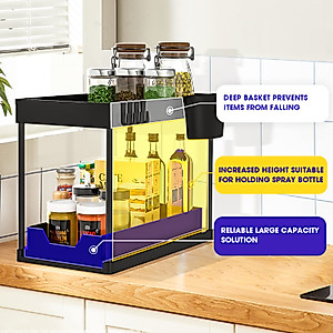 Ulimart 2Pcs Under Sink Organizers And Storage,Multi-Purpose 2-Tier Under Sliding Cabinet Basket Organizer With Hooks & Hanging Cup,Under Sink Storage For Bathroom Kitchen,Black