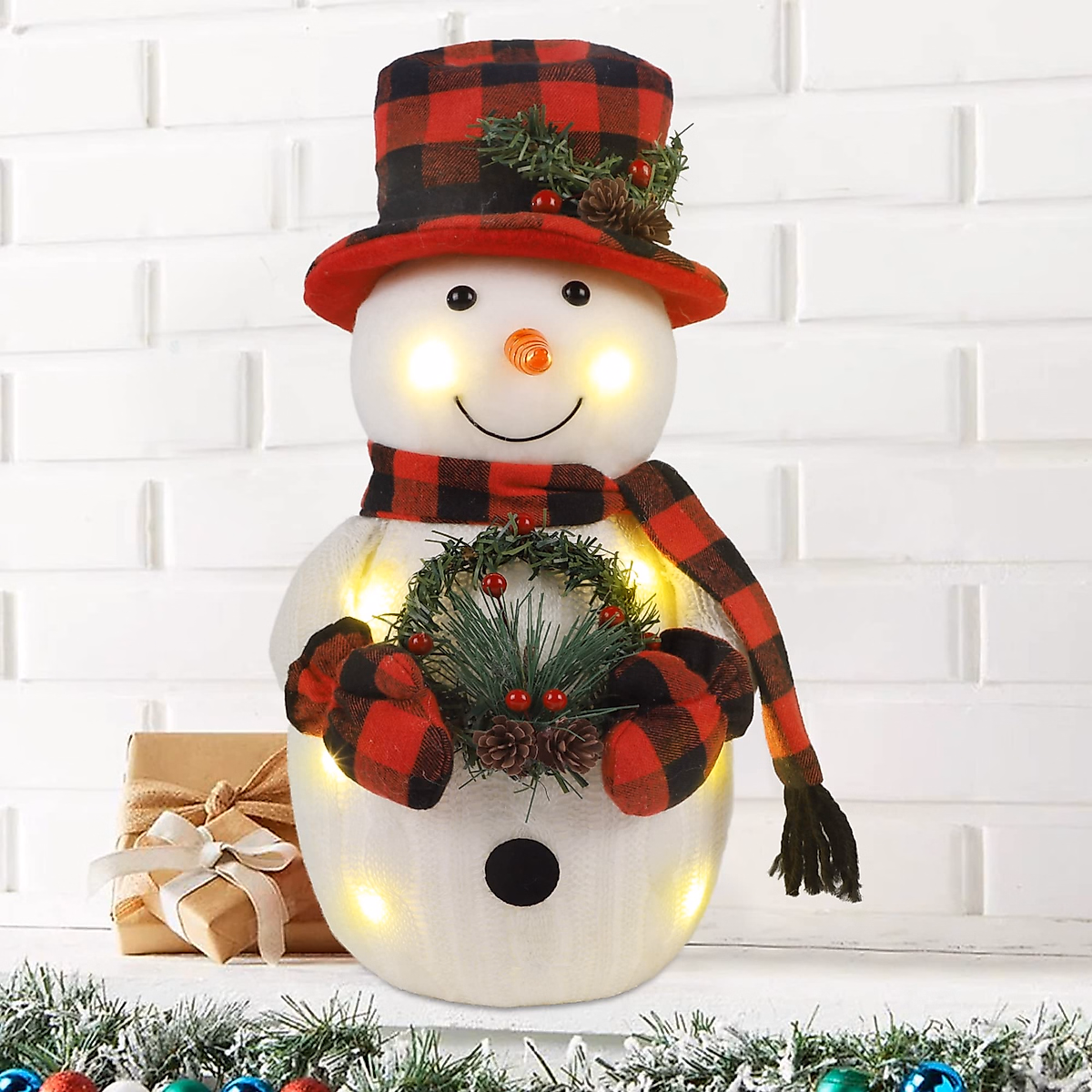 Sancodee Christmas Lighted Snowman, 12" Snowman with Wreath Christmas Table Decorations, Red Black Plaid Snowman Xmas Decor for Home Kitchen Holiday Party