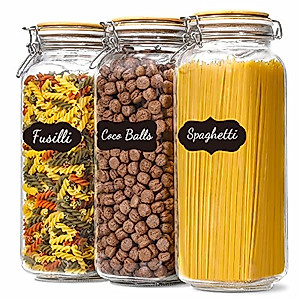VITEVER [ Taller ] 92oz Glass Jars with Airtight Lid, Large Glass Food Storage Jars, 3 Pack Wide Mouth Airtight Glass Jars for Kitchen Pantry Spaghetti, Square Mason Jars with Labels