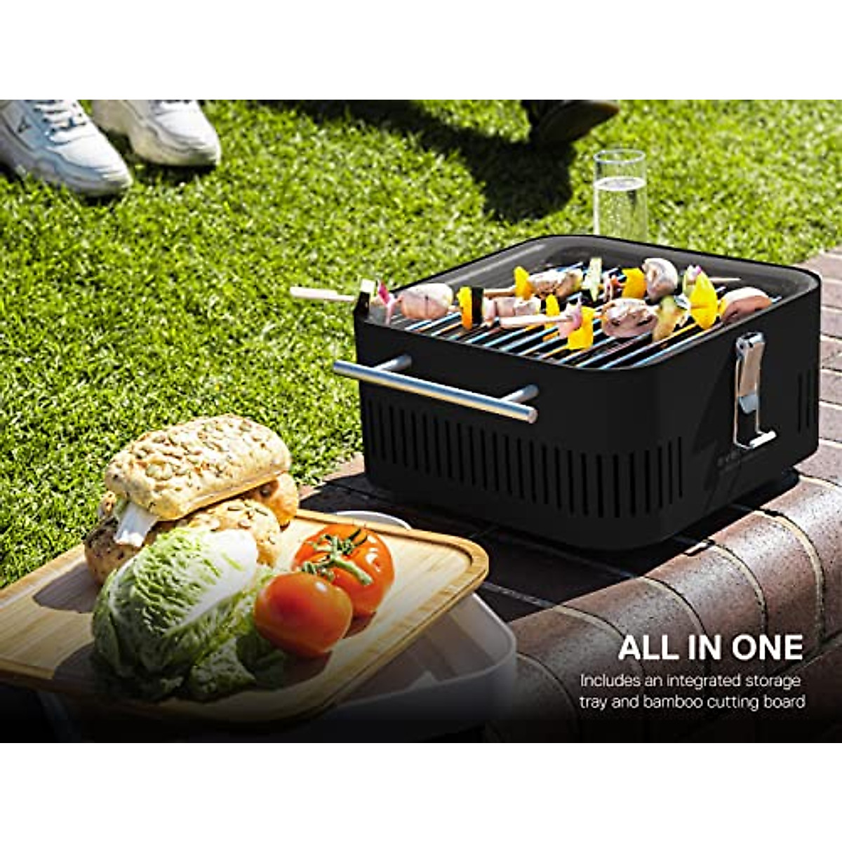 Everdure CUBE Portable Charcoal Grill, Tabletop BBQ, Perfect Tailgate, Beach, Patio, or Camping Grill, Lightweight & Compact Small Grill with Preparation Board & Food Storage Tray, Graphite