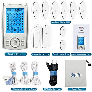 Belifu Dual Channel TENS EMS Unit 24 Modes Muscle Stimulator for Pain Relief Therapy, Electronic Pulse Massager Muscle Massager with 10 Pads, Dust-Proof Drawstring Storage Bag, Fastening Cable Ties