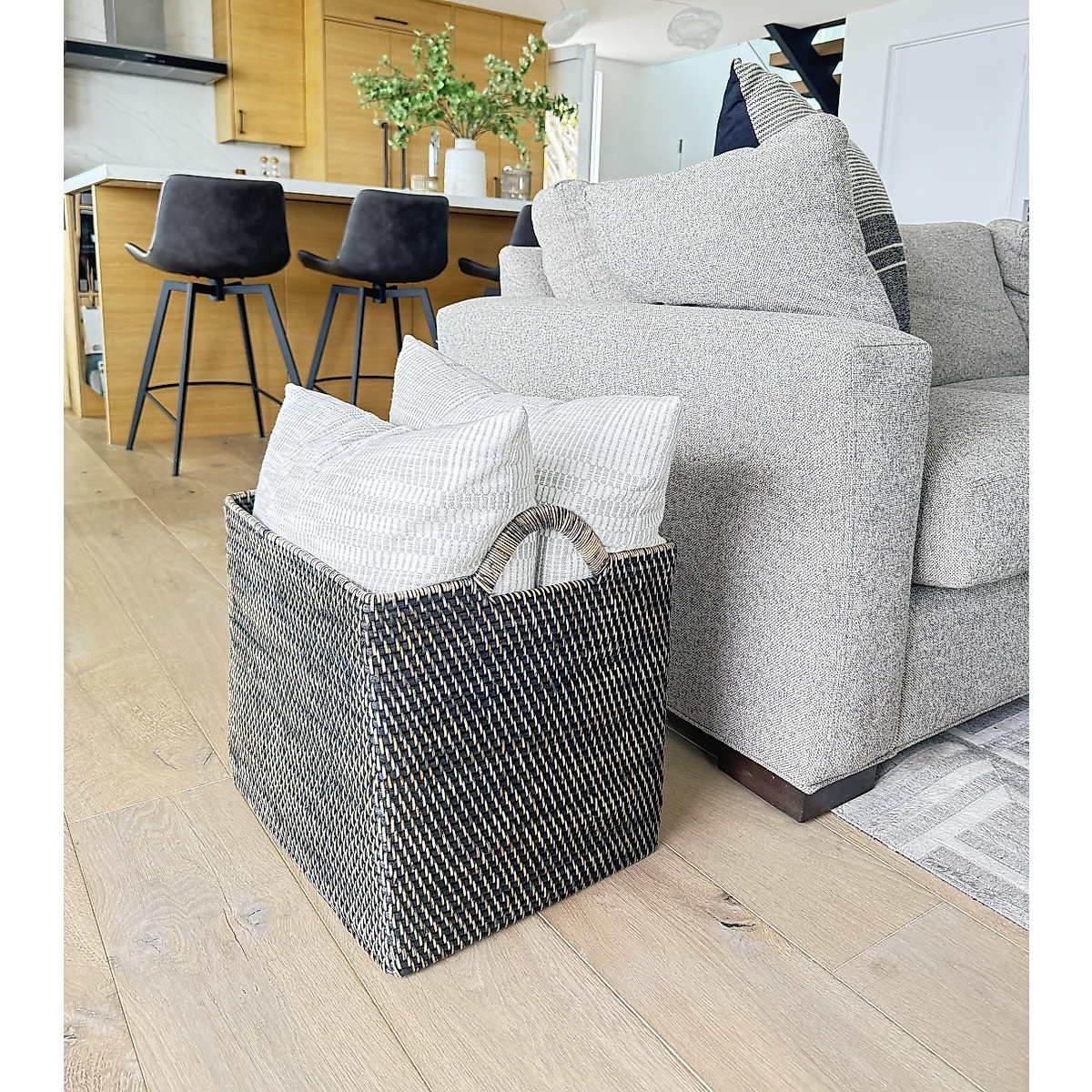 Loma Rectangular Rattan Storage Basket with Handles - Large - Black-Wash - Coastal-Inspired Handwoven Rattan Basket for Home Organization & Décor