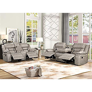 Roundhill Furniture Elkton Manual Motion Reclining Sofa and Loveseat with Storage Console, Taupe