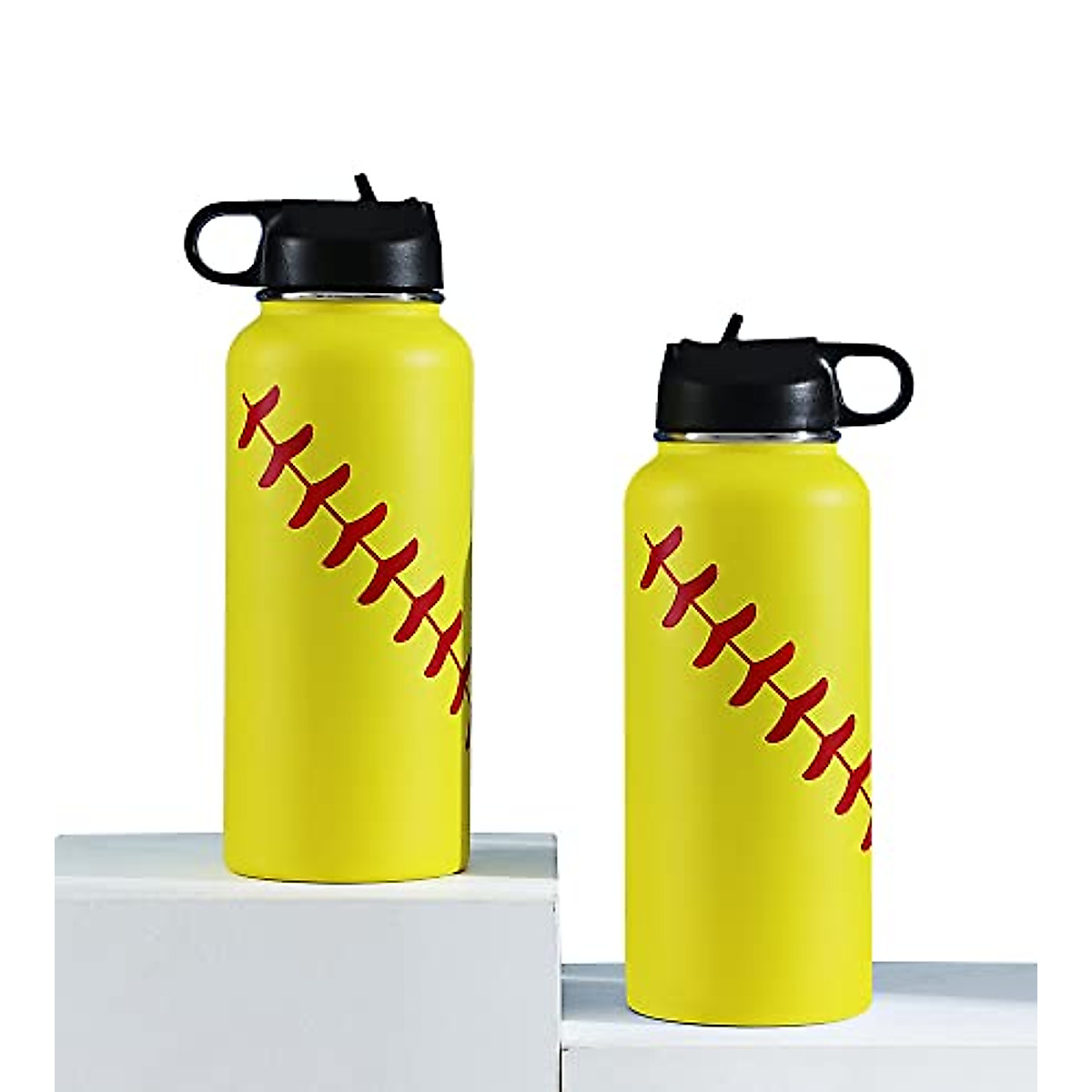 32 oz Baseball Sports Water Bottle Insulated 2 Lids Straw Travel Tumbler Durable Stainless Steel Vacuum Bottle (Yellow)
