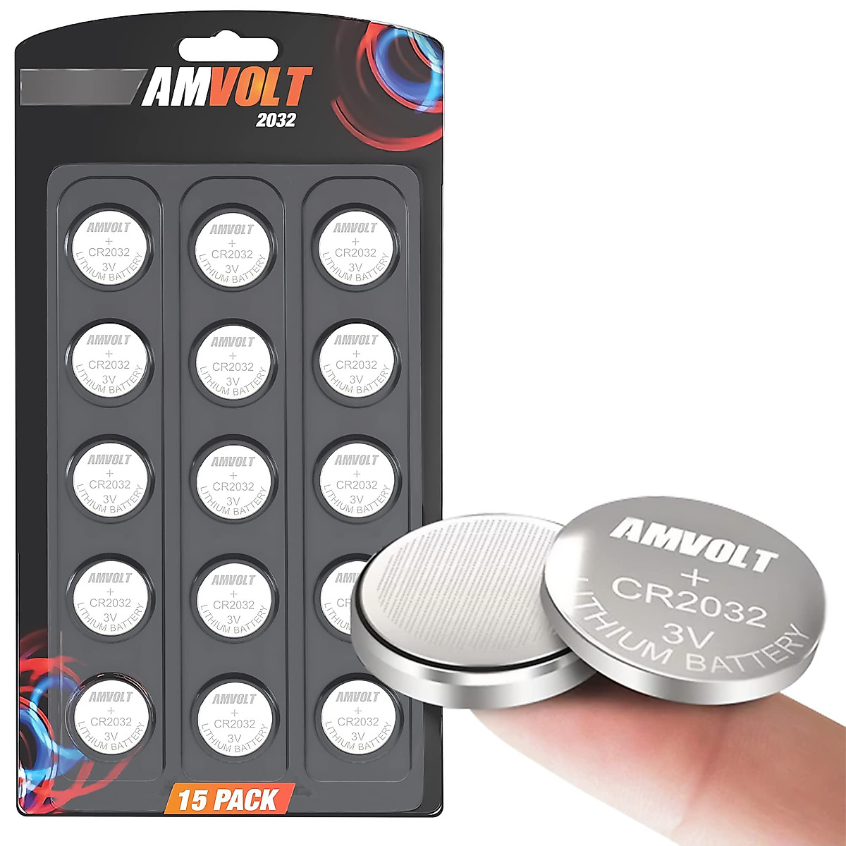 AmVolt 15 Pack CR2032 Batteries - [Extended Life] Airtag Battery 220mAh 3 Volt Lithium Replacement Airbag 3v C2032 Watch Battery Coin Round Button Cell - Key FOB - Child Resistant | 5 Year Guarantee