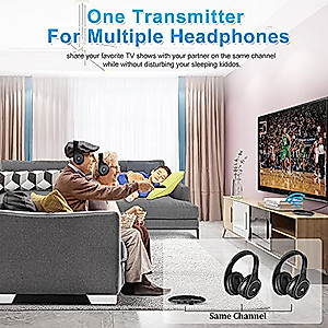 Wireless Headphones for TV Watching, Folding Over Ear Headphones with 2.4GHz RF Transmitter Support Optical RCA AUX, No Audio Delay, 100ft Wireless Range (Blackness)