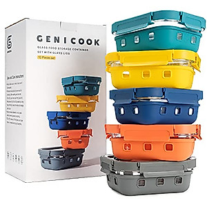 GENICOOK Borosilicate Tempered Glass Food Storage Containers with Glass Lid - Food Grade Silicone Wrap & Air Release Vent, Rectangle shape - 10 pc set (5 Containers - 5 Matching Lids) Multi-colored