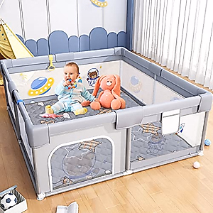 Playpen Mat for Baby to Playing, Thick 50x50 Inch Baby Crawling Mat On Floor Non-Slip Play Mat with Ultra Soft Padded, Versatile Play Space for Babies, Infants, Toddlers (Grey|Cartoon)