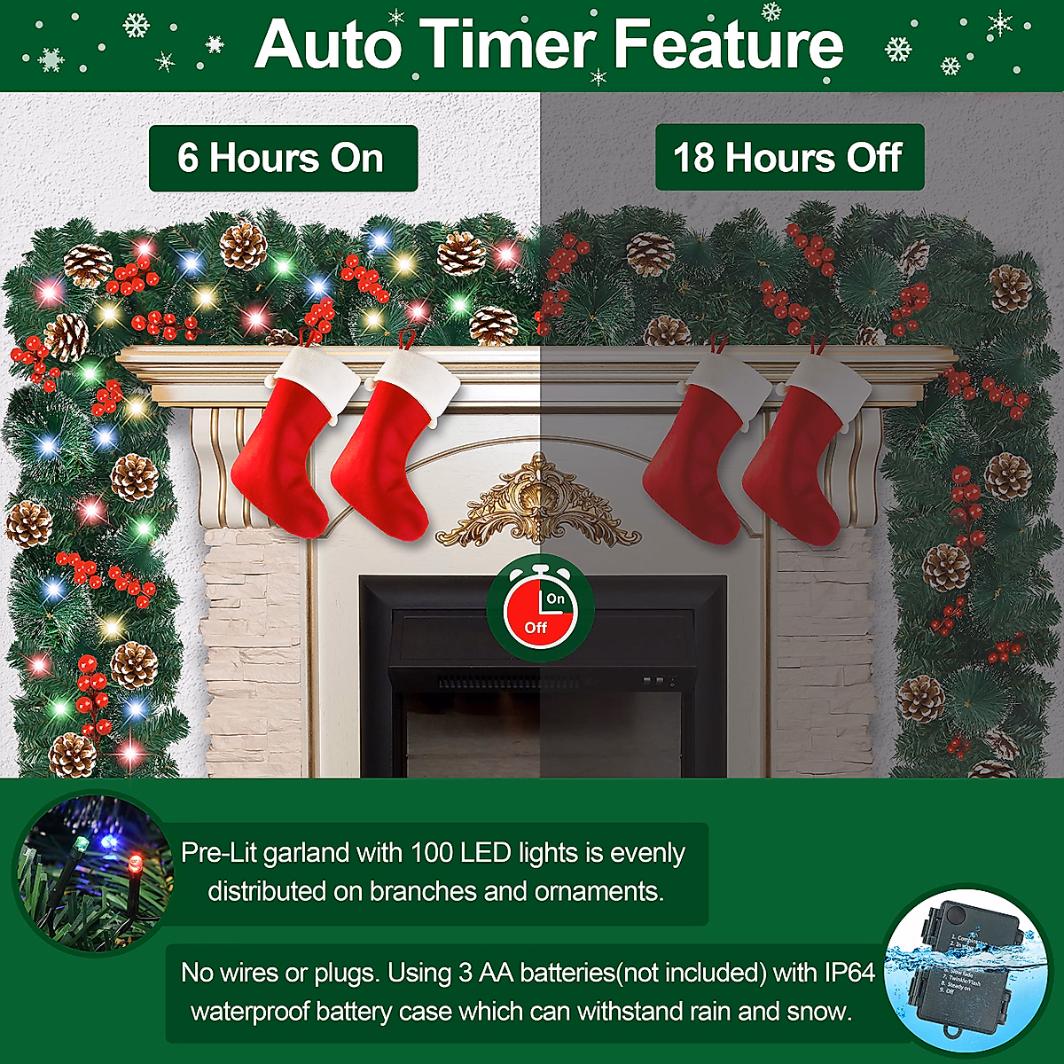 Treetim 9 Ft Christmas Garland with 100 LED Lights and Remote Control, Battery Operated Pre-Lit Xmas Garland of 9 Light Modes and Timer, Suitable for Indoor Outdoor Mantle Fireplace(Color)