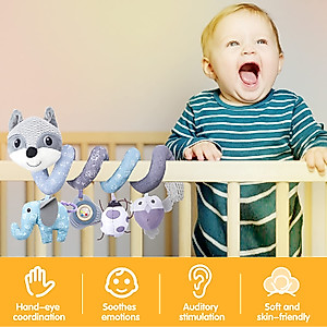 HILENBO Car Seat Toys, Infant Baby Spiral Activity Hanging Toys for Car Seat Stroller Crib Bassinet Mobile with Music Box BB Squeaker Rattles-Gray Fox