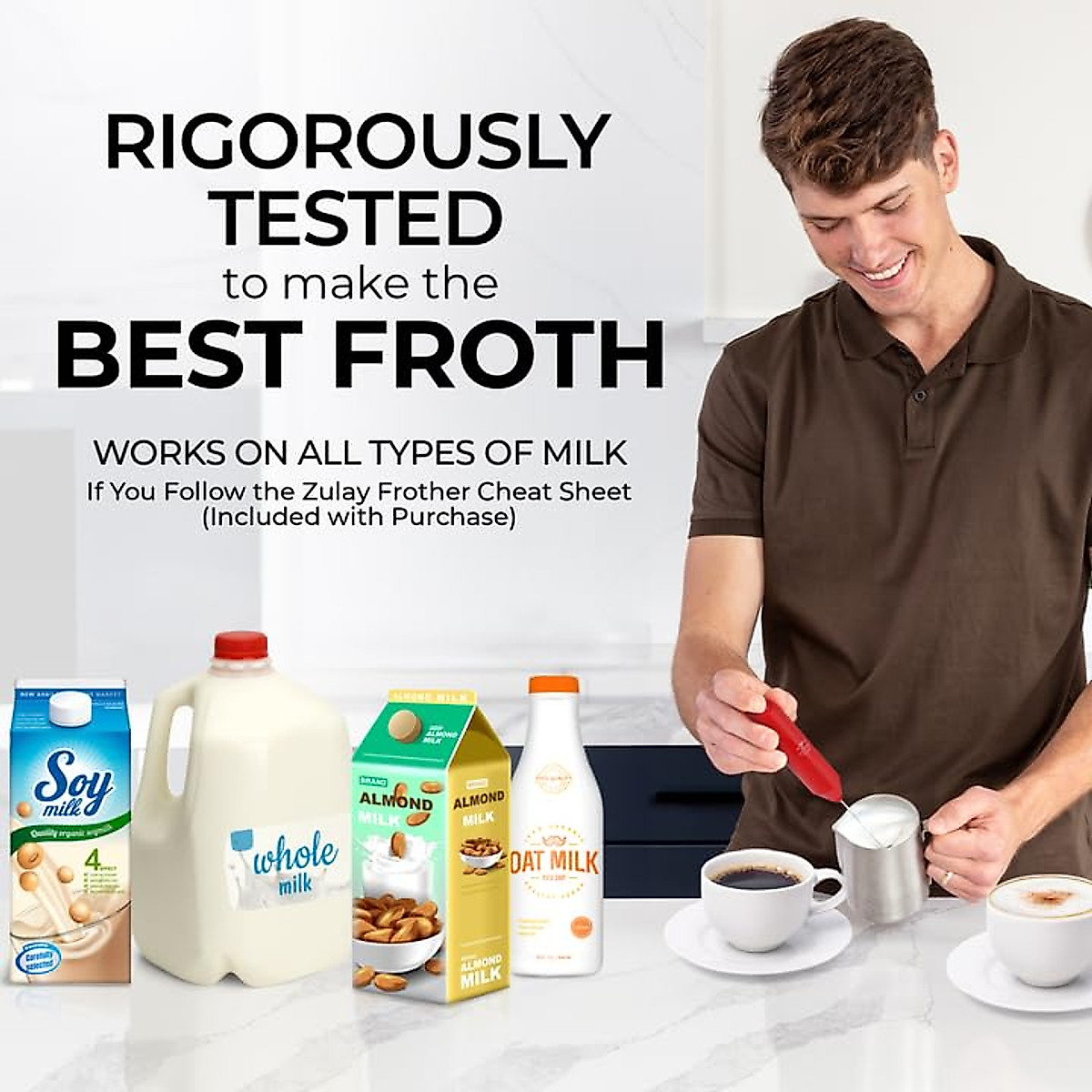 Zulay FrothMate Powerful Milk Frother for Coffee - Portable & Compact Handheld Foam Maker for Lattes, Cappuccinos, Matcha, Hot Chocolate - Milk Foamer Frother - No Stand Electric Whisk (Cherry Red)