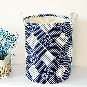 HUAIDE Laundry Basket with Drawstring Closure & Handles Laundry Organizer Hamper Foldable Cotton Laundry Bag Home Dorm Storage Bin Blue+White 1Pc