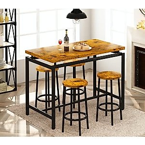 AWQM Bar Table and Chairs Set Industrial Counter Height Pub Table with 4 Chairs Bar Table Set 5 Pieces Dining Table Set Home Kitchen Breakfast Table, Black and Industrial Brown
