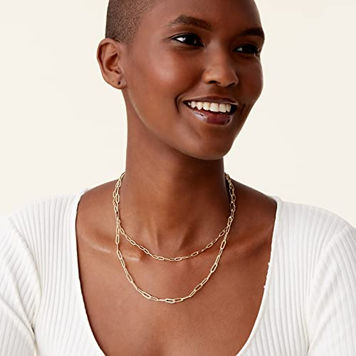 PAVOI Womens 14K Gold Plated Yellow Gold Layered Paperclip Necklace, Double Linked Paper Clip Design