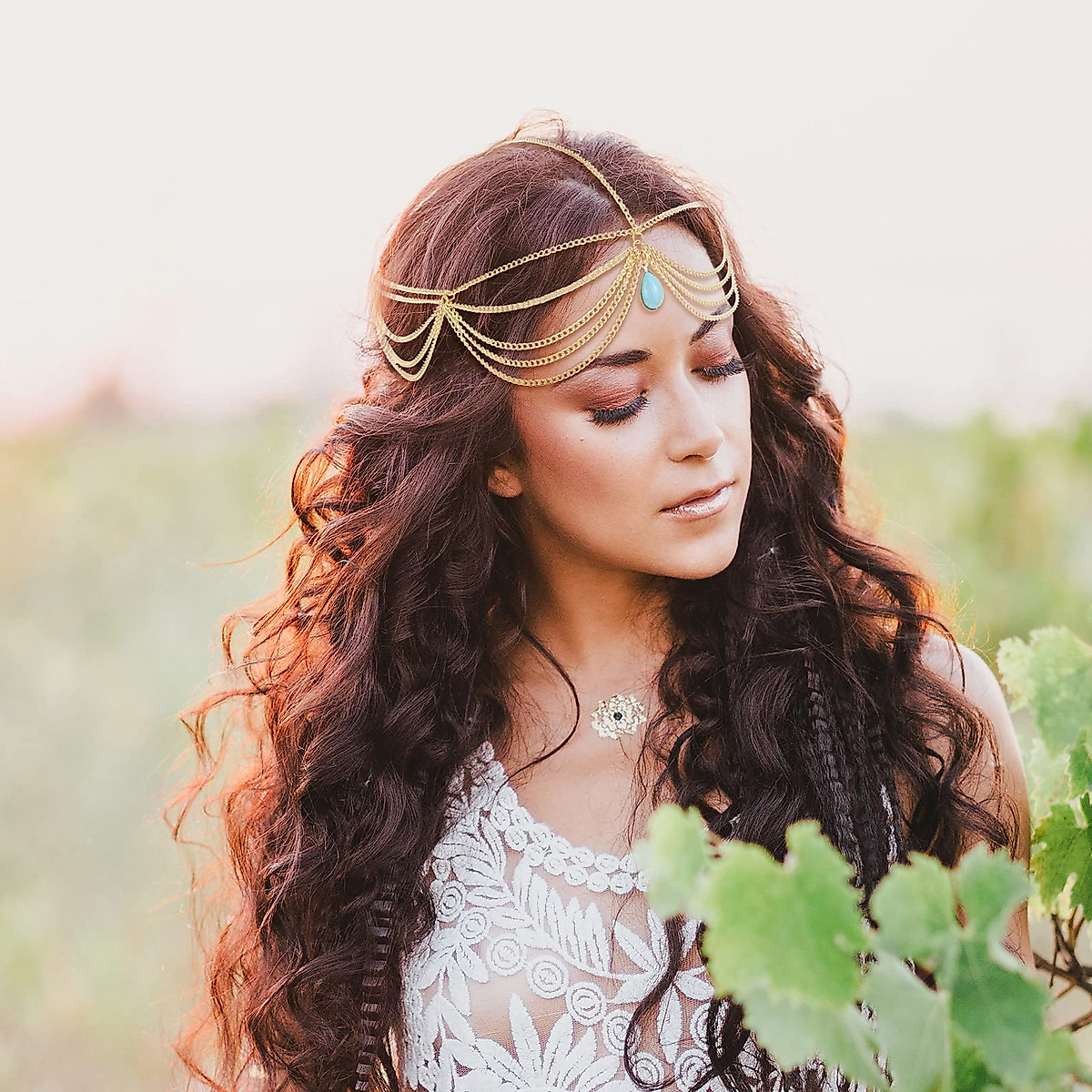 MTLEE 6 Pcs Gold Head Chain Jewelry Boho Bridal Headpiece Turquoise Tassel Headbands Boho Hair Accessories for Women Girls