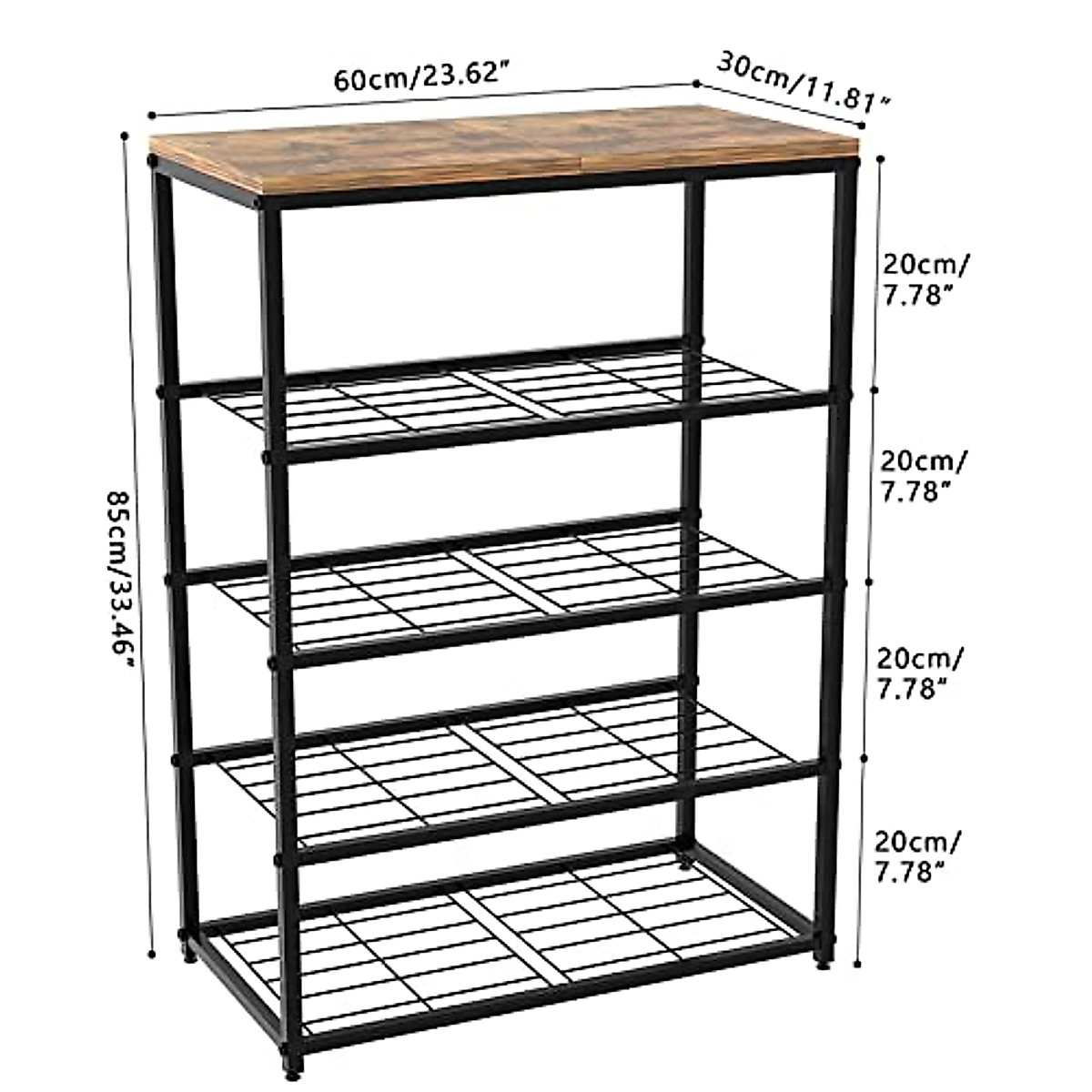 C&AHOME 5 Tier Metal Shoe Rack, 5 Tiers Shoe Rack, Storage Rack with 4 Metal Mesh Shelves and Top Board, Narrow Shoe Organizer for Closet Entryway, Free Standing Shoe Rack, Rustic Brown USRMW05RB