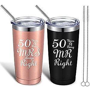 Patelai 2 Pieces 50th Wedding Anniversary Coffee Mug, 50 Years of Being MR/MRS Always Right Gifts Set for Grandparents Couple, 20 oz Mug Tumbler with Lids and Gift Box (Black, Rose Gold)