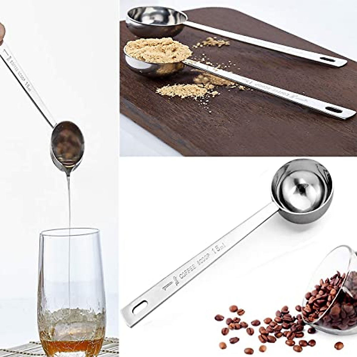 KAZETEC Metal Stainless Steel 1 Tablespoon Measuring Coffee Scoop Spoon, Set of 5