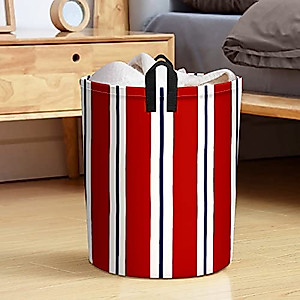 Waterproof Foldable Laundry Hamper with Handles Nautical Blue Red White Striped Round Dirty Clothes Laundry Basket Storage Bin Organizer for Toy Collection