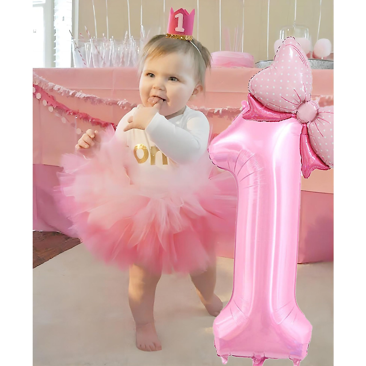 40 inch Number 1 Balloon with Bow Pink Happy Birthday Jumbo Number Balloon for Girls Daughter Birthday Decorations Party Supplies (Number 1)