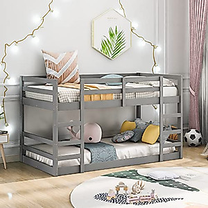 MERITLINE Wood Bunk Bed Twin Over Twin Bunk Beds for Boys and Girls, Simple Floor Twin Bunk Bed Frame with 2 Slats Sets and 2 Ladders, No Bunkie Board Needed