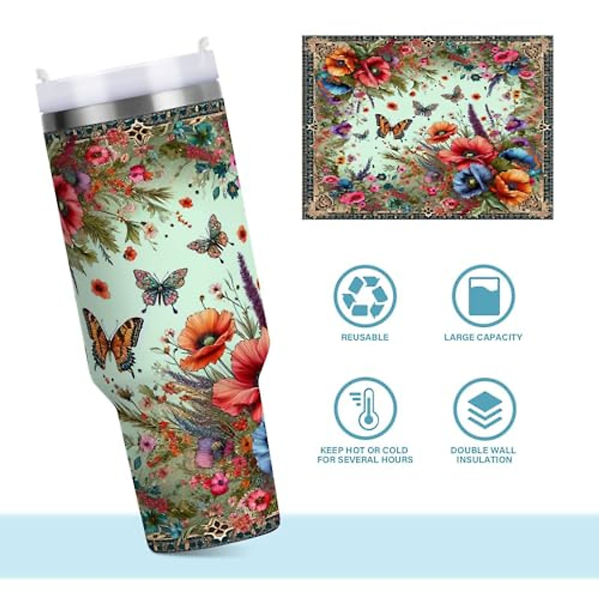 Maunzc 30 oz Tumbler with Handle and Straw, Insulated Stainless Steel Travel Mug with Lid for Coffee, Iced Tea, Water, Gift for Men Women (Butterflies and Herbs)