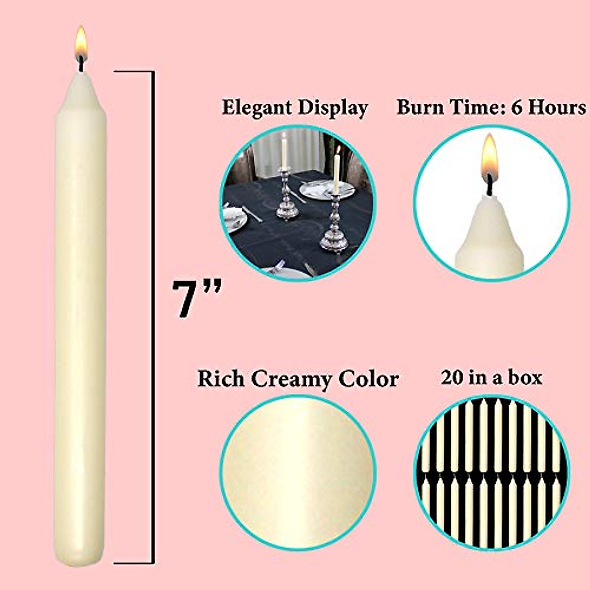 7 Inch Ivory Taper Candles 6 Hour Burning Candle Decorate Your Dinner Wedding Table Dripless and Smokeless Candle Unscented Fits Most candlesticks -20 Pack Household Candles