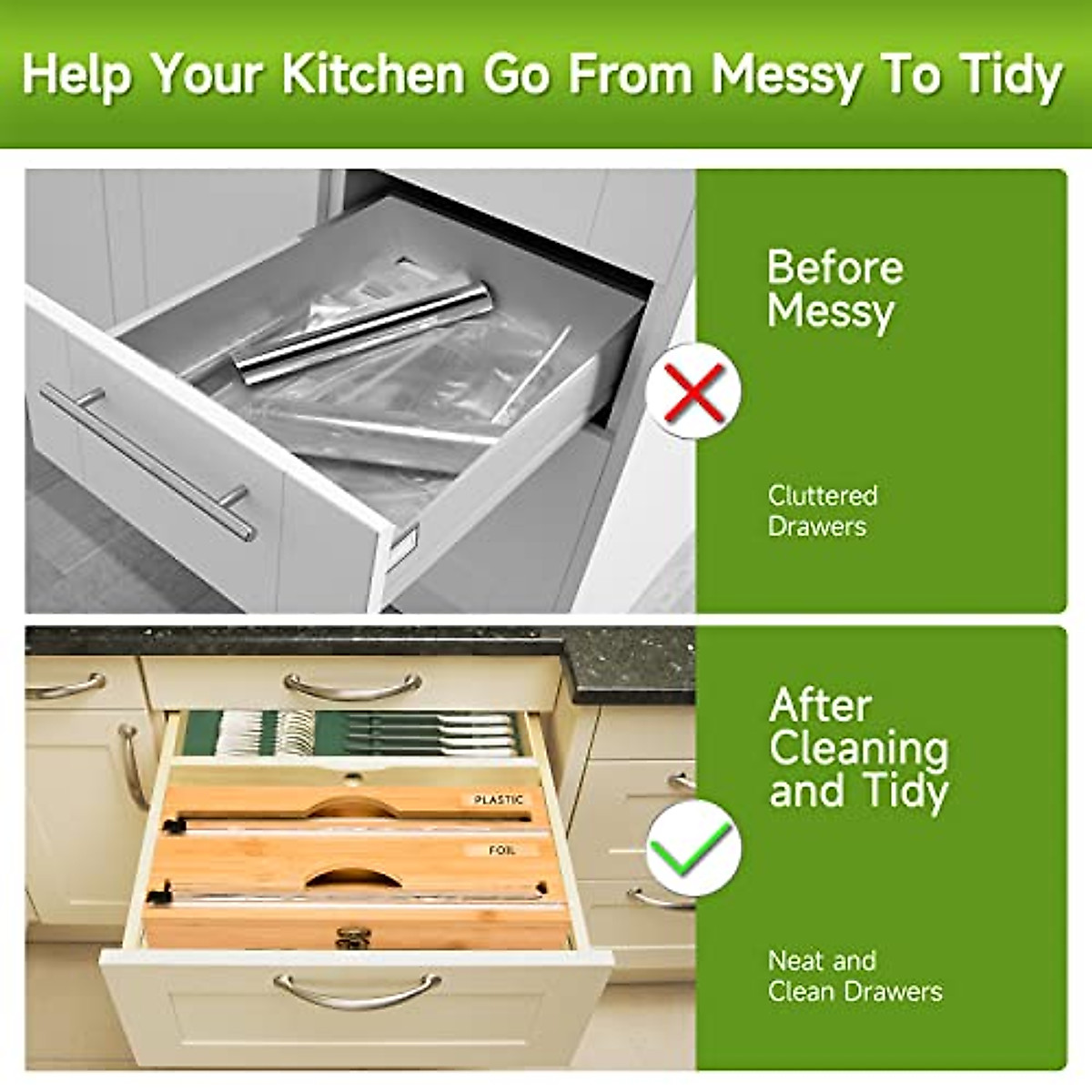 JIAFUEO Foil and Plastic Wrap Organizer, 2 in 1 Plastic Wrap Dispenser with Cutter and Labels, Aluminum Foil Organization and Storage, Bamboo 12" Roll Organizers Holder for Kitchen Drawer