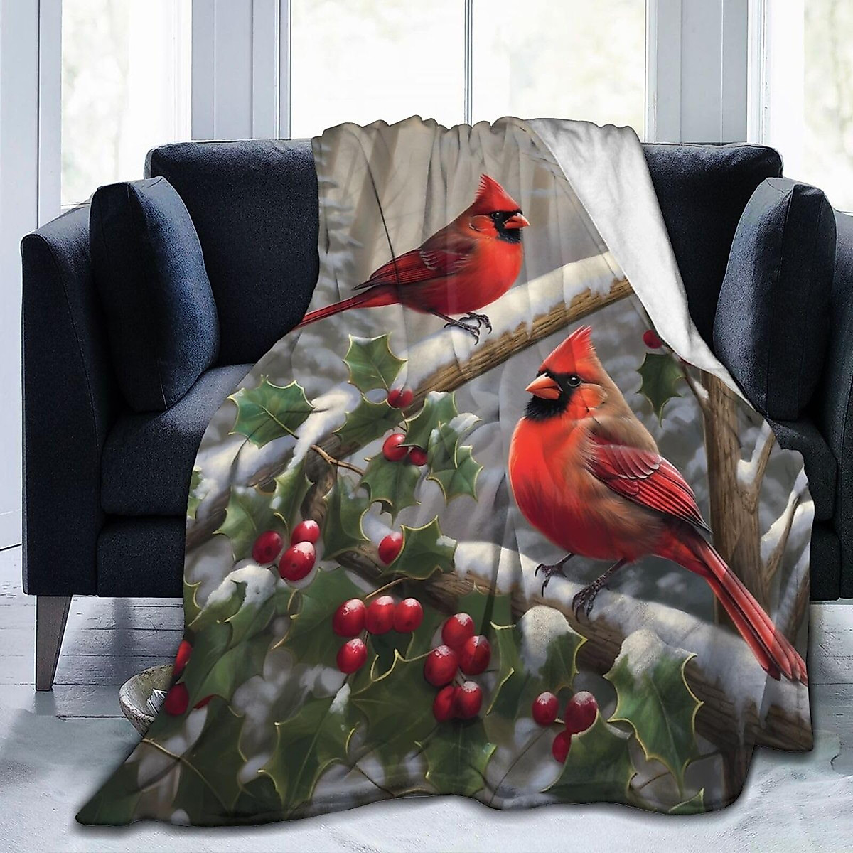 Red Birds Ultra-Soft Fleece Throw Blankets, Christmas Blanket for Bed Couch Sofa, All Seasons Home Camper Travel 60"x50"