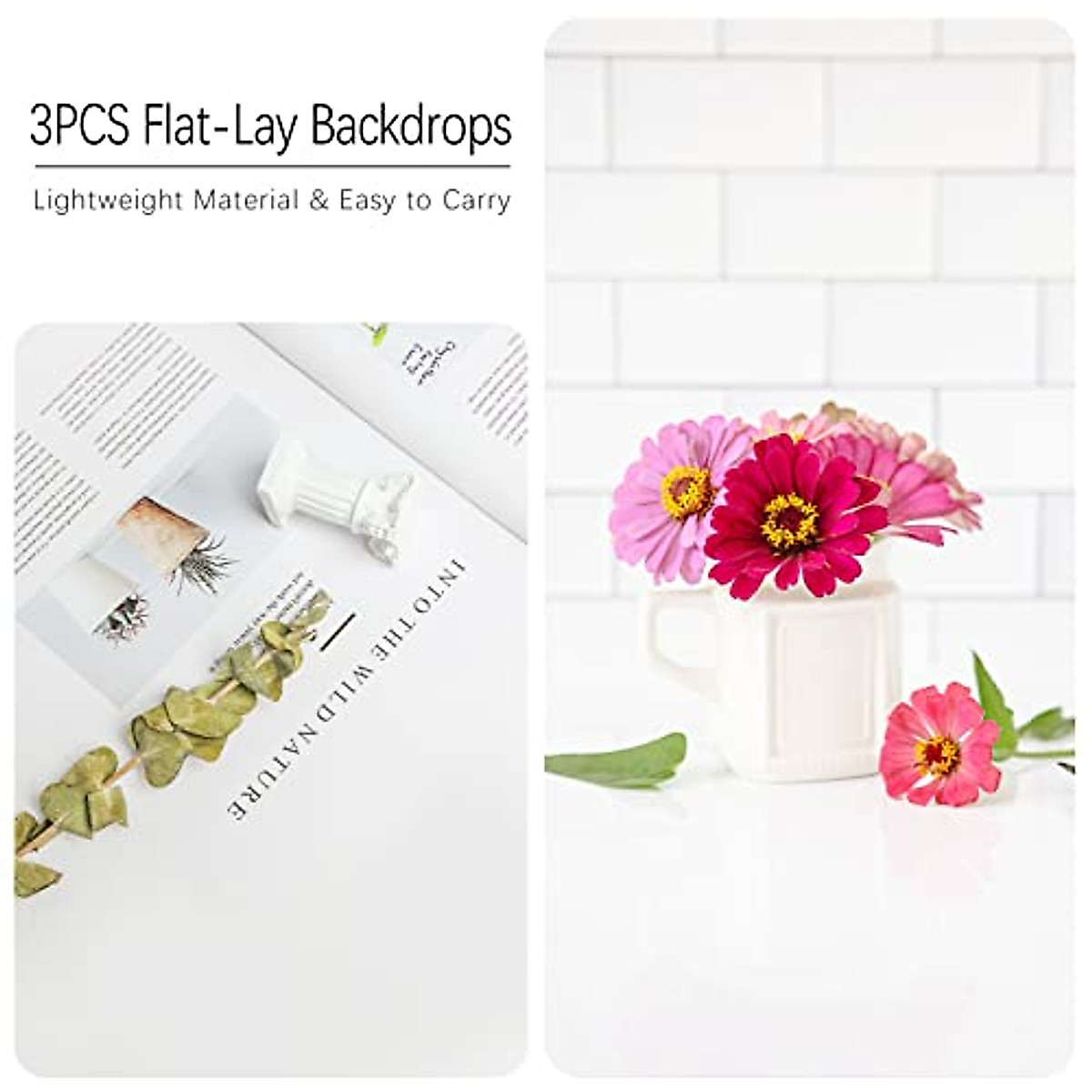 EOAJAFOU 3PCS 24×24in Photo Backdrop Boards White Marble & White Brick Wall with 3PCS Bracket for Food Photography Background