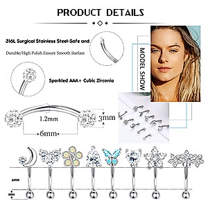 THUNARAZ 16G Rook Daith Earrings for Women Surgical Steel 6mm Eyebrow Rings Inlaid CZ Opal Turquoise Belly Lip Ring Cartilage Surface Tragus Piercing Jewelry 10 Pcs
