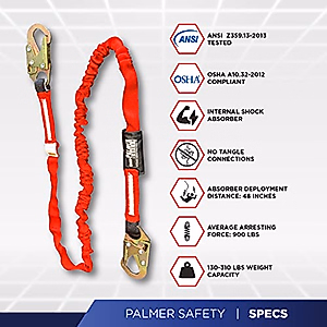 Palmer Safety L121133 6 FT Single Leg Safety Lanyard Internal Shock Absorber w/Dual Snap Hooks I OSHA/ANSI Compliant Restraint Lanyards I Ideal Use for Arborist, Roofer & Construction Workers