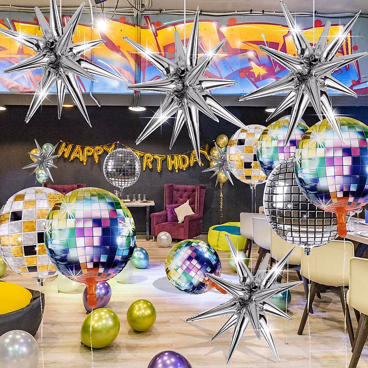 Cadeya 8 Pcs Star Balloons, Huge Silver Explosion Star Aluminum Foil Balloons for Birthday, Baby Shower, Wedding, Bachelorette Party, Disco Party Decorations Supplies