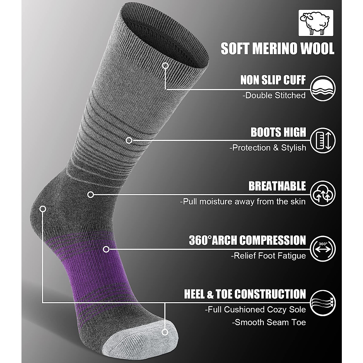 FITRELL 4 Pack Women's Merino Wool Hiking Socks Wicking Cushioned Warm Thermal Walking Boot Crew Socks, Christmas Gifts, Purple+Pink, Medium, for Shoe Size 8.5-11