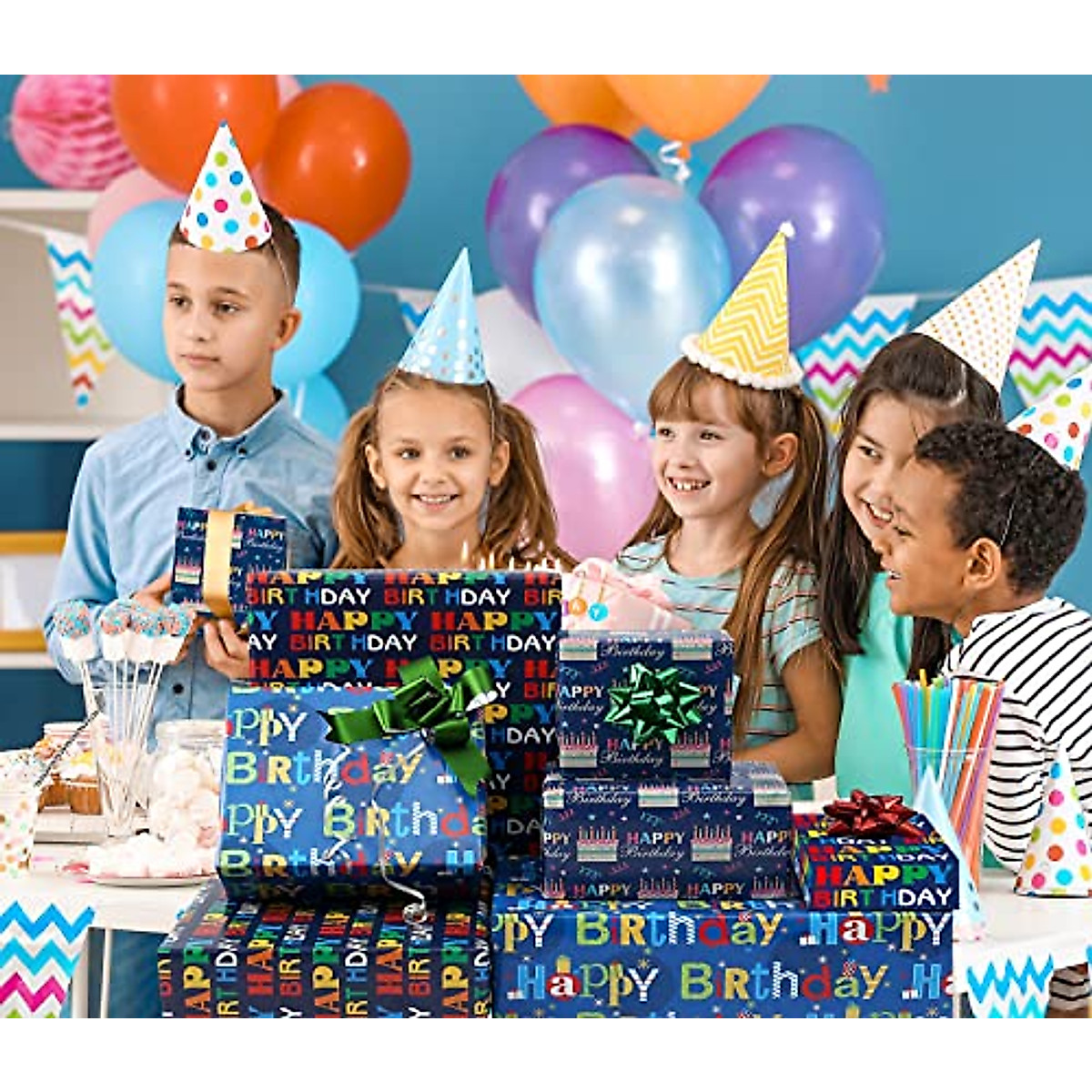 U'COVER Birthday Wrapping Paper 6 Large Sheet Happy Birthday Gift Wrapping Paper for Kids Boys Girls Men Women Baby Shower 3 Style Colorful Birthday Greeting Gift Wrap Paper Folded Flat 27 * 37inch