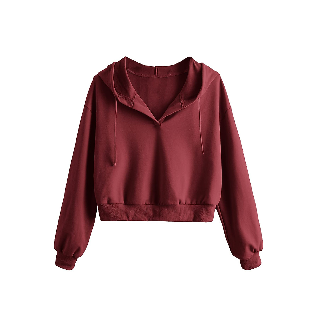 Verdusa Women's Long Sleeve Drop Shoulder Drawstring Crop Hoodie Sweatshirt Wine Red M
