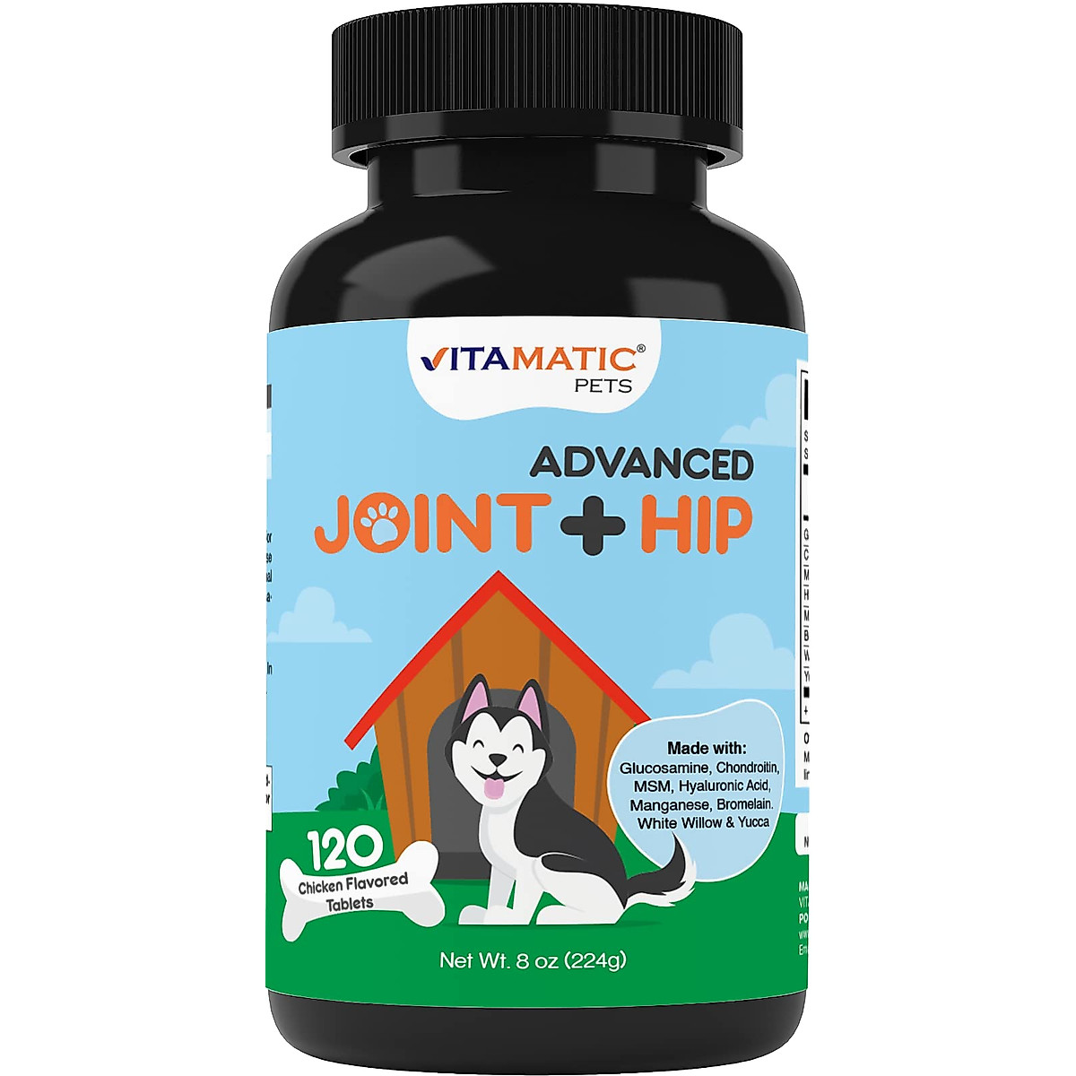 Vitamatic Maximum Strength Joint & Hip Health Supplement for Dogs - 120 Chicken Flavored Tablets - Made with: Glucosamine, Chondroitin, MSM, Hyaluronic Acid, Manganese, Bromelain. White Willow & Yucca
