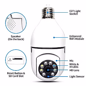 Wireless WiFi Light Socket Bulb Security Camera 360 Degree PTZ Home Camera Floodlight Night Vision Motion Detection 64GB Micro SD Card Included Support 2.4Ghz and 5Ghz
