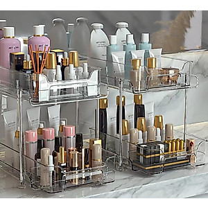 RIGEDNEF 2 Tier Clear Bathroom Organizer with Dividers, Under Sink Organizer and Storage, Slide-Out Medicine Cabinet organizer, Kitchen Pantry Storage, Bathroom Vanity Counter Organizer, 2 Pack