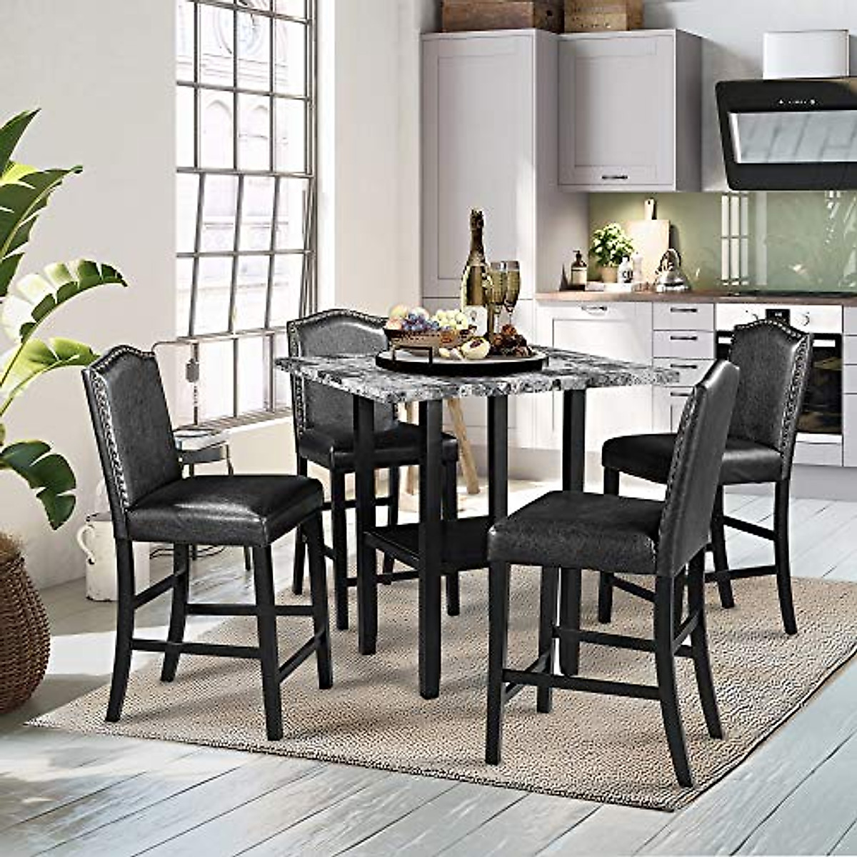 5-Piece Dining Table Set with Bottom Shelf, Faux Marble Counter Height Kitchen Table with Matching 4 PU Leather Chairs, Dining Table Set for Kitchen Living Room (Black Chair+Gray Table)