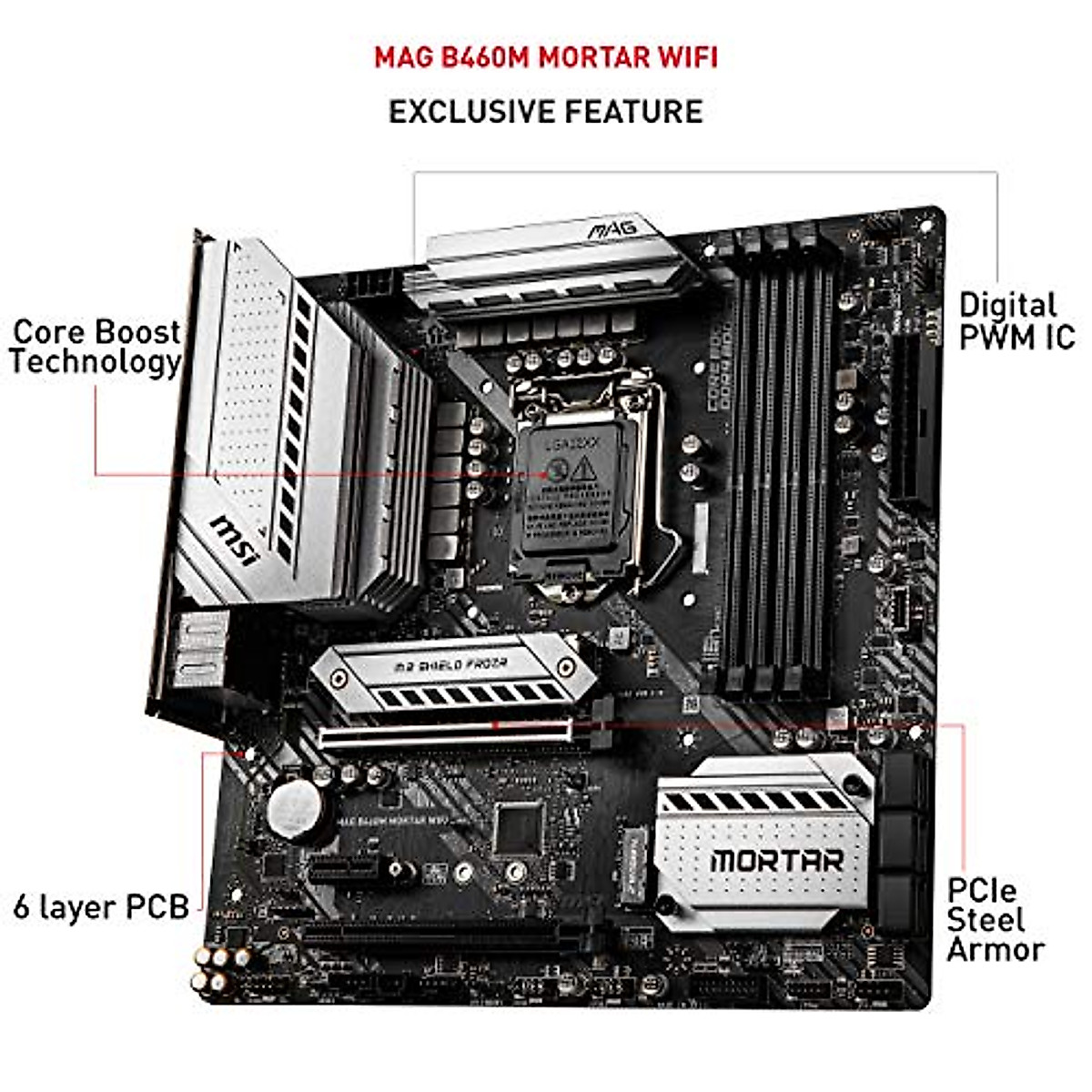 MSI MAG B460M Mortar WiFi Gaming Motherboard (mATX, 10th Gen Intel Core, LGA 1200 Socket, DDR4, CFX, Dual M.2 Slots, USB 3.2 Gen 1, 2.5G LAN, DP/HDMI, Wi-Fi 6 Pre-Certified)