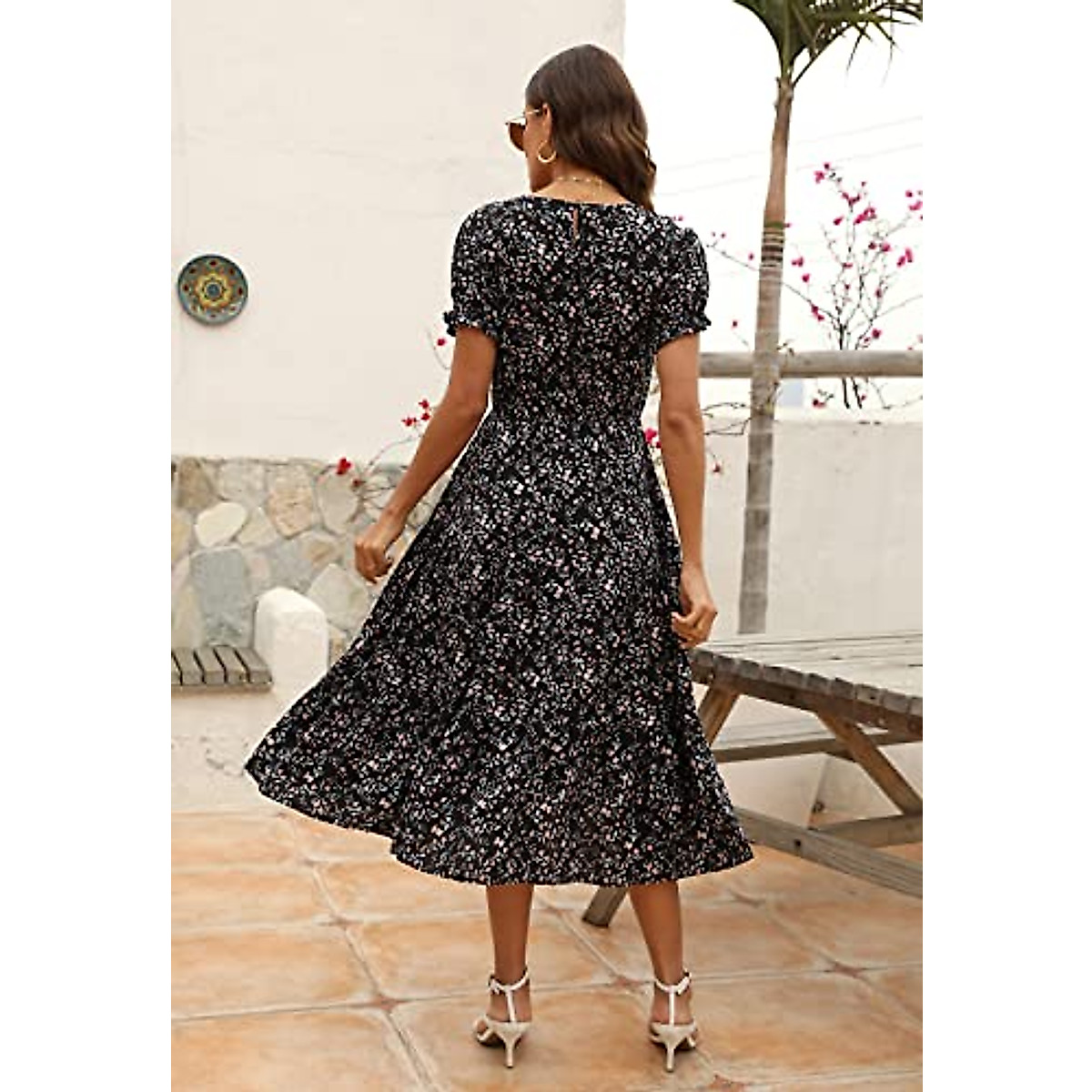 NAVINS Women Floral Print Puff Sleeve Tiered A-Line Swing Midi Dress with Pockets NA1002 (L,Black Print)