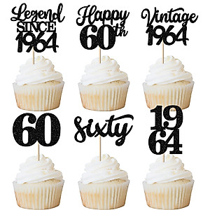 Rsstarxi 48 Pack Black Vintage 1964 Cupcake Toppers Legend Since 1964 Sixty Cupcake Picks Happy 60th Number 60 Cupcake Topper for 60th Birthday Wedding Anniversary Party Cake Decorations
