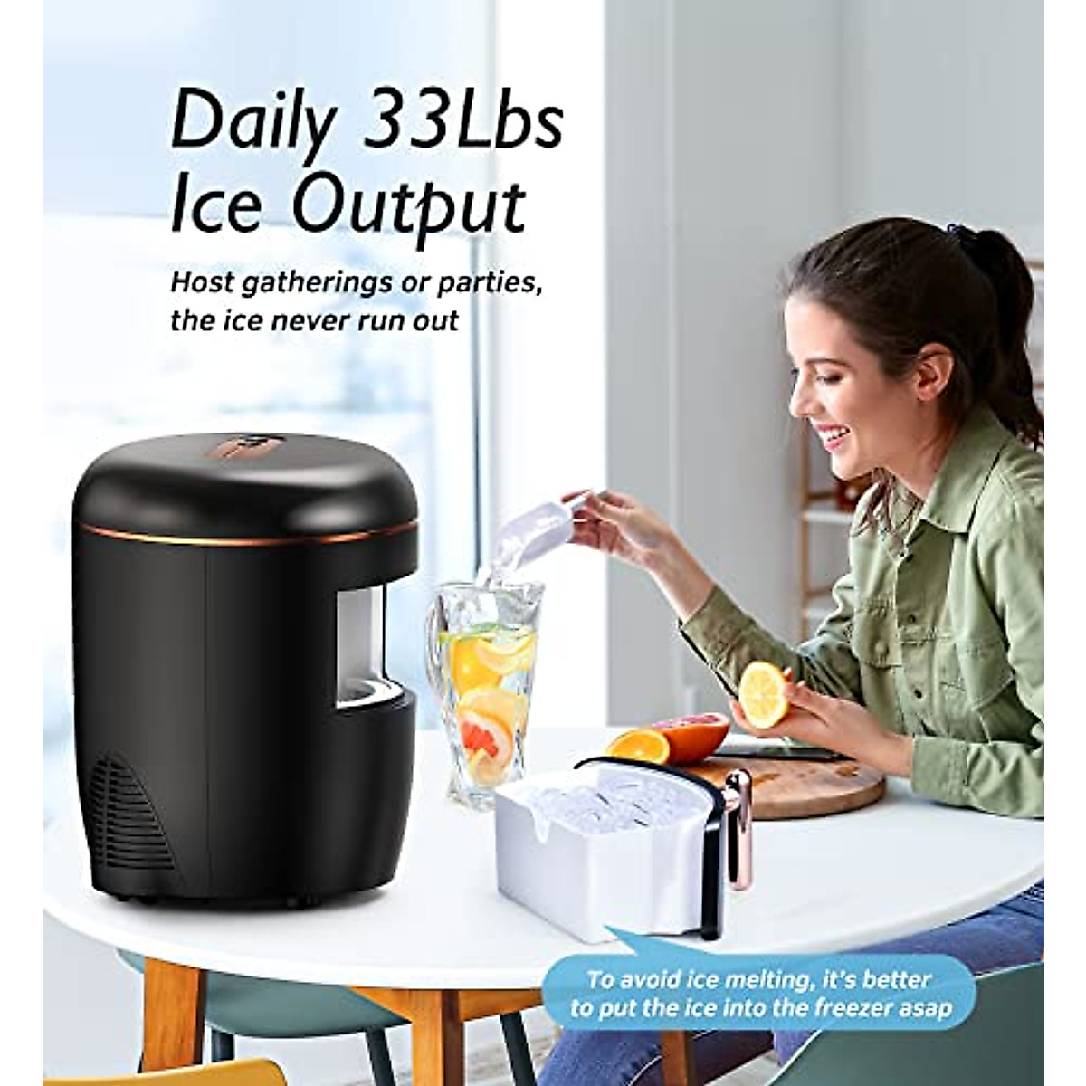 33Lbs Ice Maker Countertop, 10 Ice Cube Ready in 8-9 Mins, Crystal Clear Ice, 33Lbs/24H, Self-Cleaning Clear Ice Maker Machine, 2 Sizes Ice Cube Maker, Ice Scoop/Basket/Hook, for Home Camping Party RV