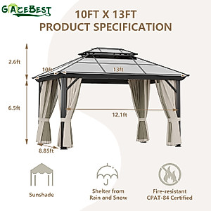 GAZEBEST Hardtop Gazebo Outdoor Polycarbonate Double Roof Patio Gazebo Aluminum Frame Gazebo Canopy with Netting and Curtains,for Garden Patio,Patio Backyard,Deck and Lawns (Brown, 10x13FT)