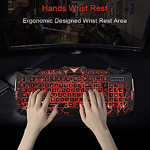 BlueFinger Gaming Keyboard Mouse Headset Combo,USB Wired Crack Backlit Keyboard,114 Keys Letters Glow LED Keyboard,Red LED Light Headset for Laptop PC Computer Work and Game