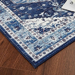 COZYLOOM Ultra-Thin Washable Rug 5x7 Non-Slip Rug Indoor Medallion Distressed Floor Carpet for Living Room Bedroom Oriental Floral Throw Carpet Non-Shedding Foldable Low Pile Floor Cover Blue